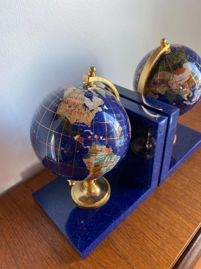 Post Modern Lapis Gemstone Revolving World Globe Bookends For Sale at 1stDibs