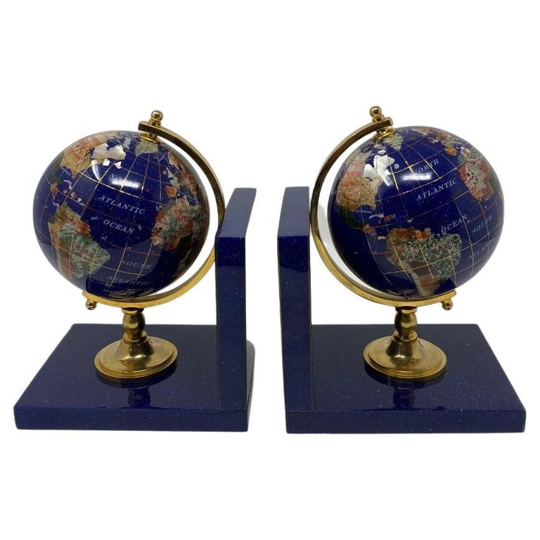 Post Modern Lapis Gemstone Revolving World Globe Bookends For Sale at 1stDibs