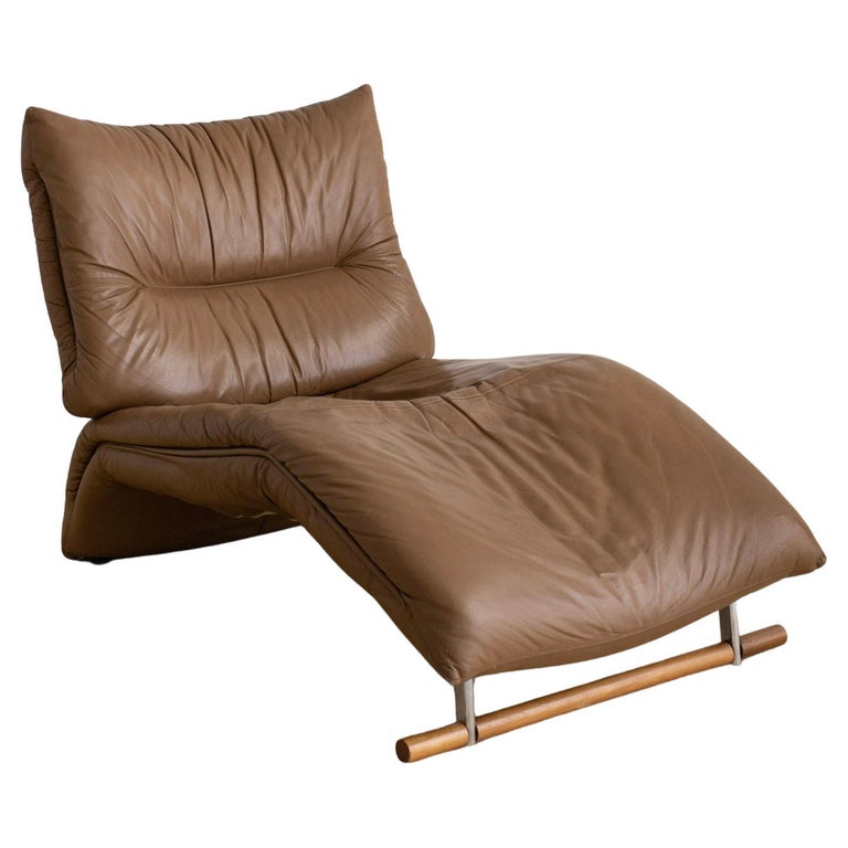 Post Modern Leather Chaise on Wood and Chrome Legs at 1stDibs