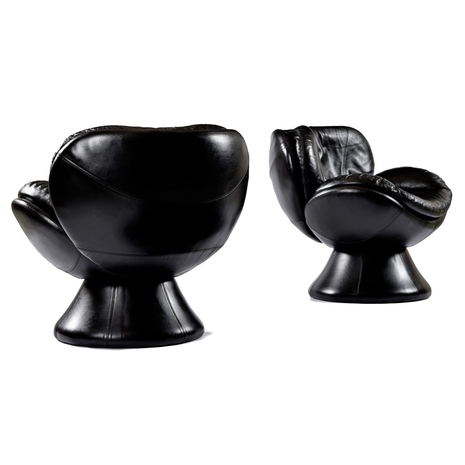 Post-Modern Pedestal Base Black Leather Swivel Pod Chairs by Jaymar of ...