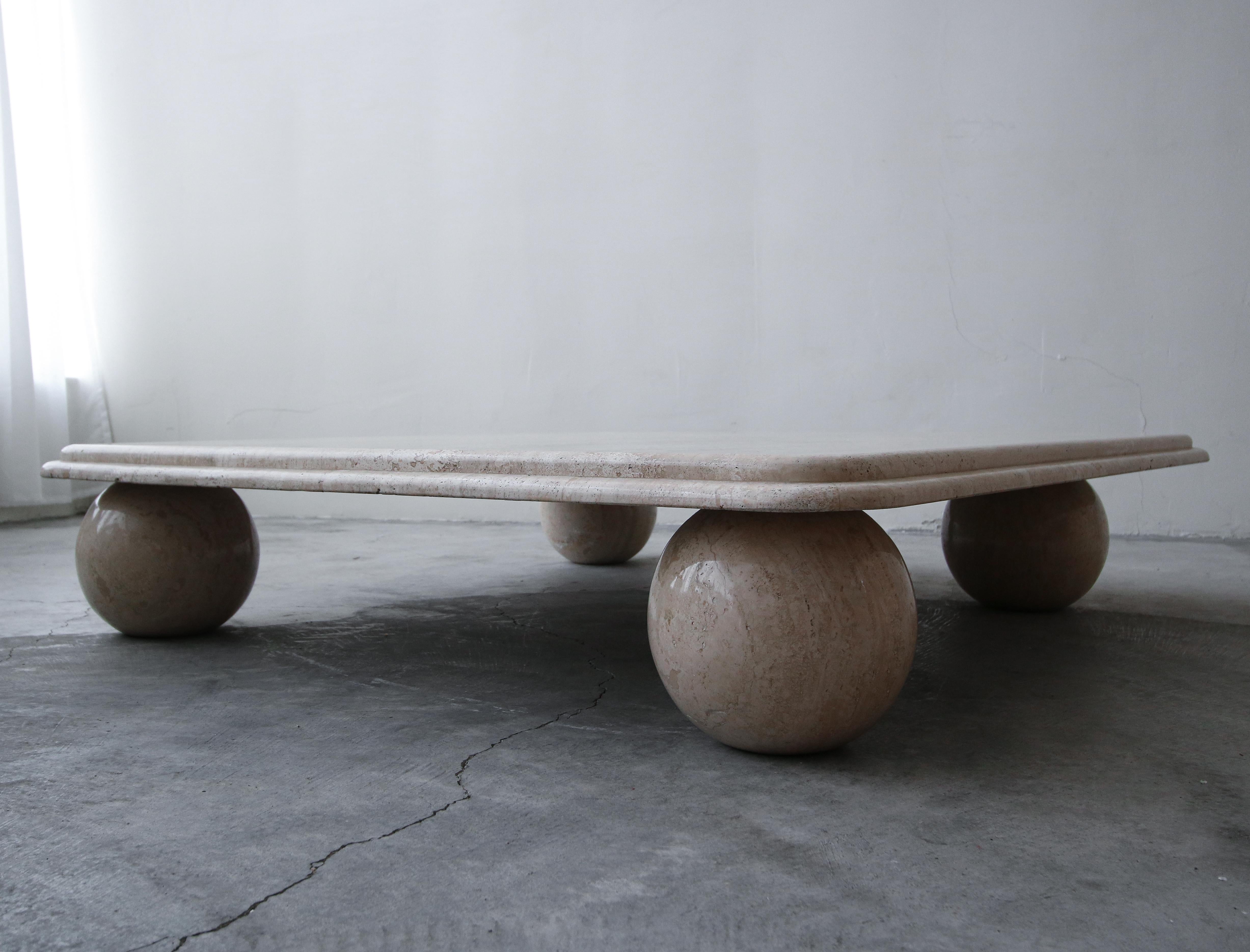 Postmodern Square Low Profile Travertine Coffee Table Round Ball Legs ...