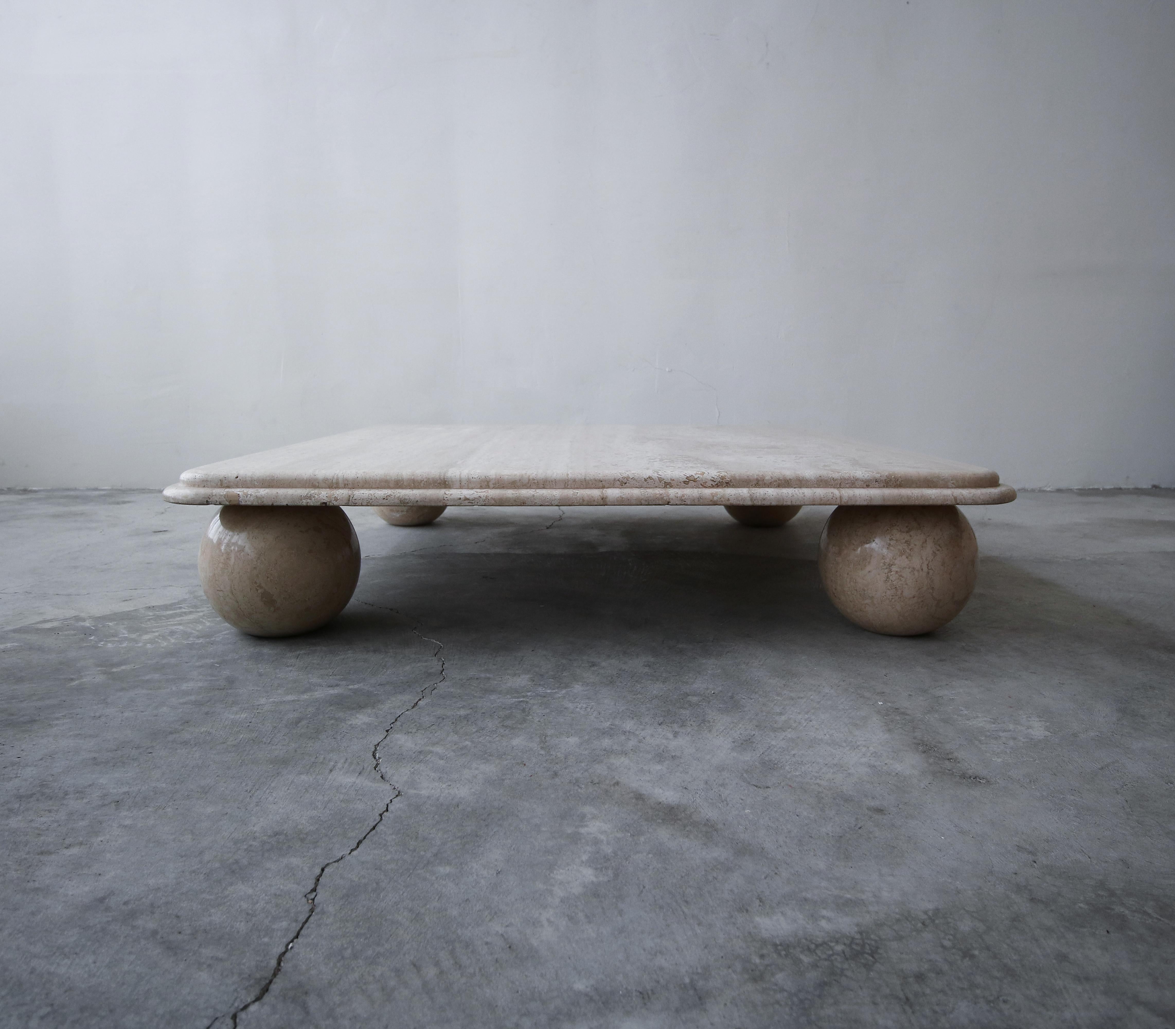 Postmodern Square Low Profile Travertine Coffee Table Round Ball Legs ...