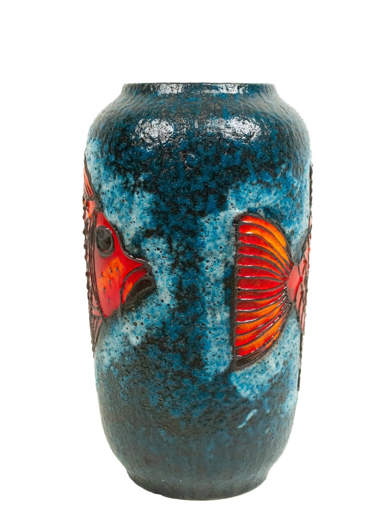Post-War Blue and Orange Ceramic Fish Design Vase For Sale at 1stDibs