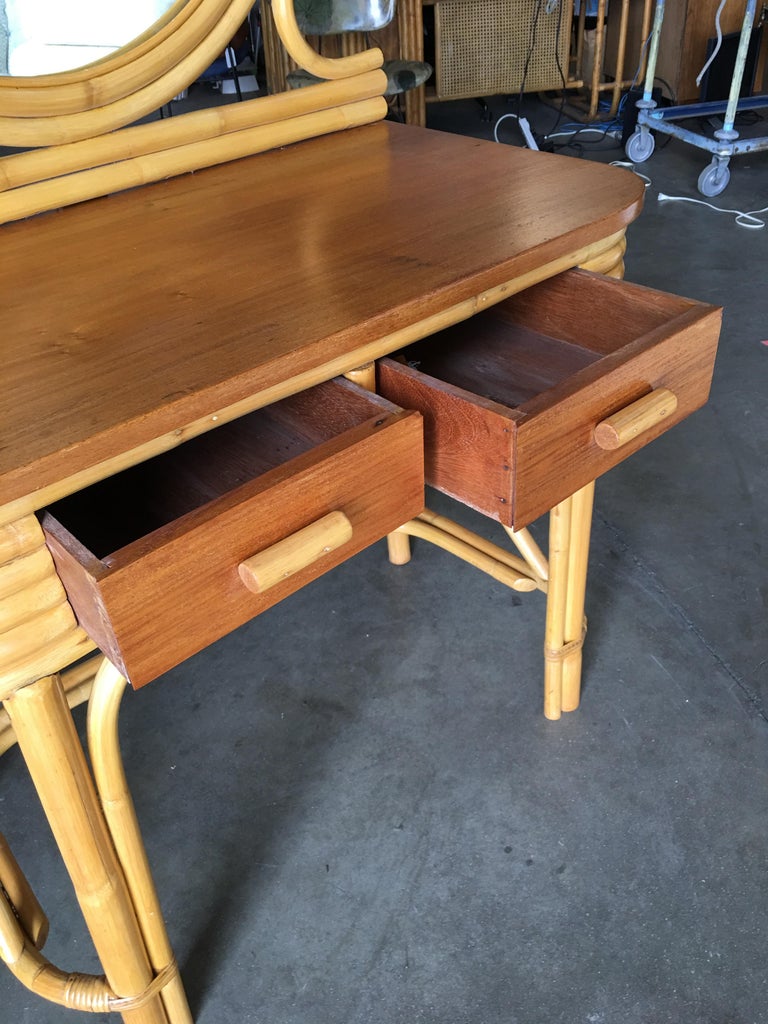 Post War Rattan and Mahogany Vanity with Round Mirror at 1stDibs ...