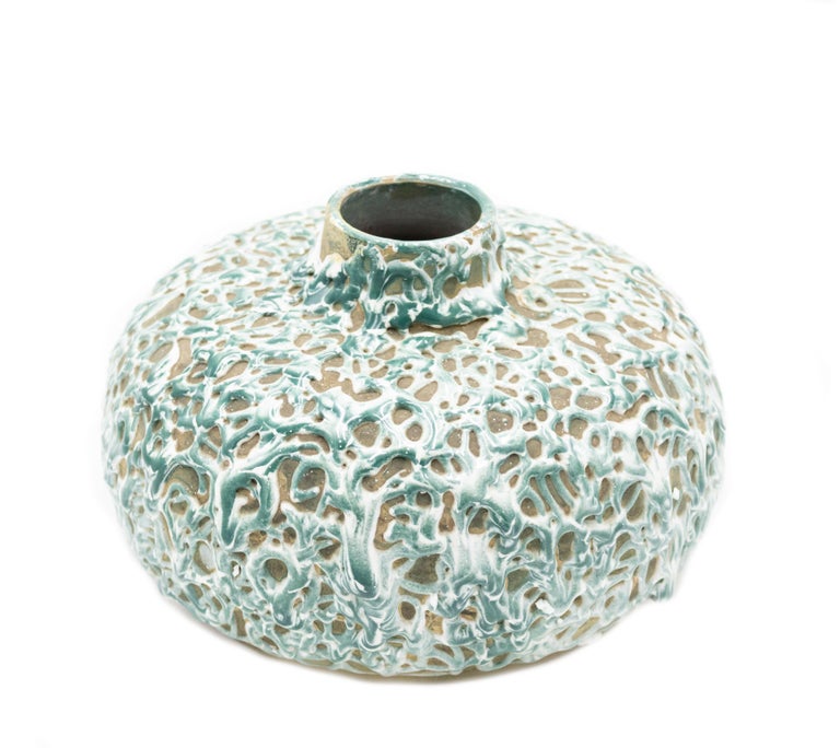 Post-War West Germany Short Green and Tan Drizzle Ceramic Vase For Sale at 1stDibs