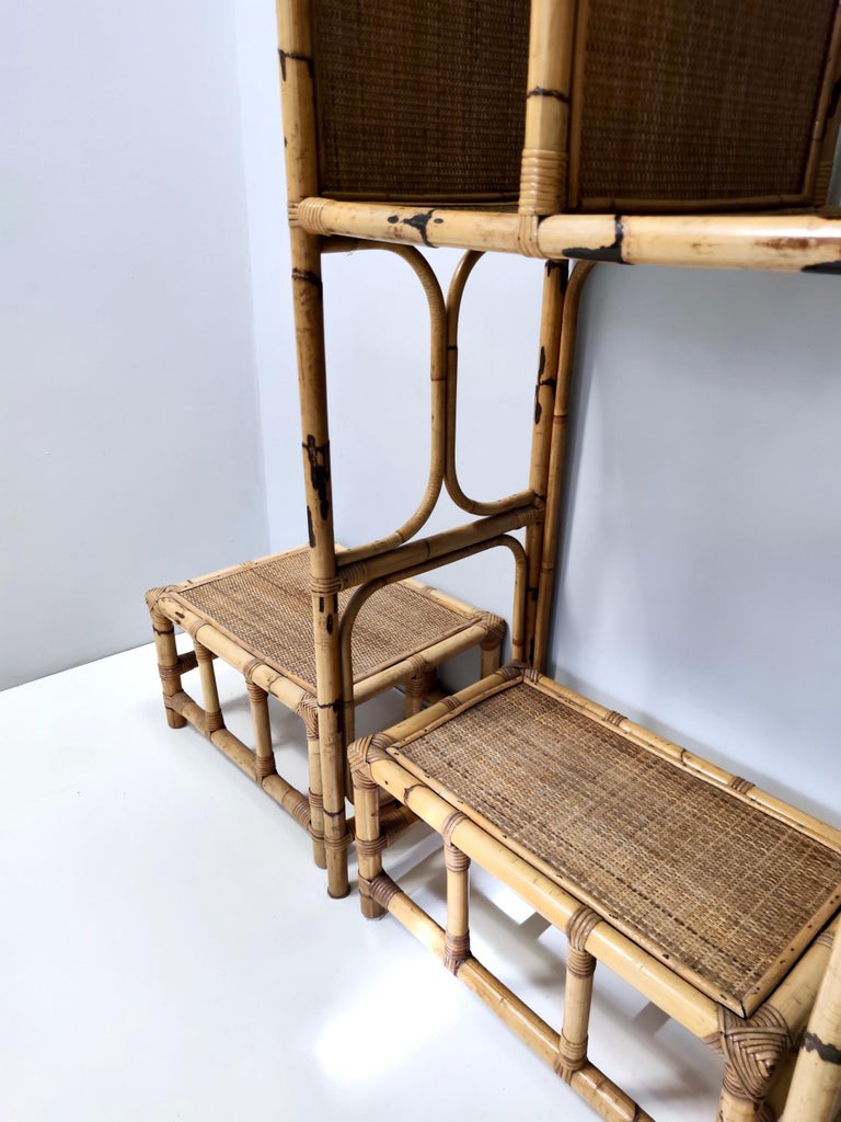 Postmodern Bamboo Bookcase with Smoked Glass Shelves and Four Stools ...