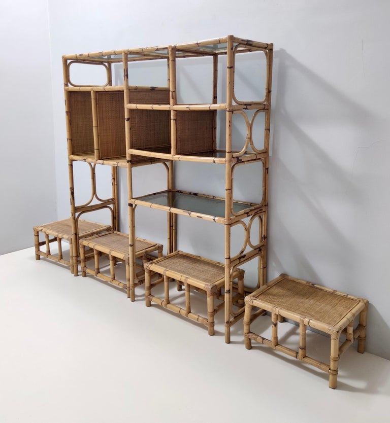 Postmodern Bamboo Bookcase with Smoked Glass Shelves and Four Stools ...