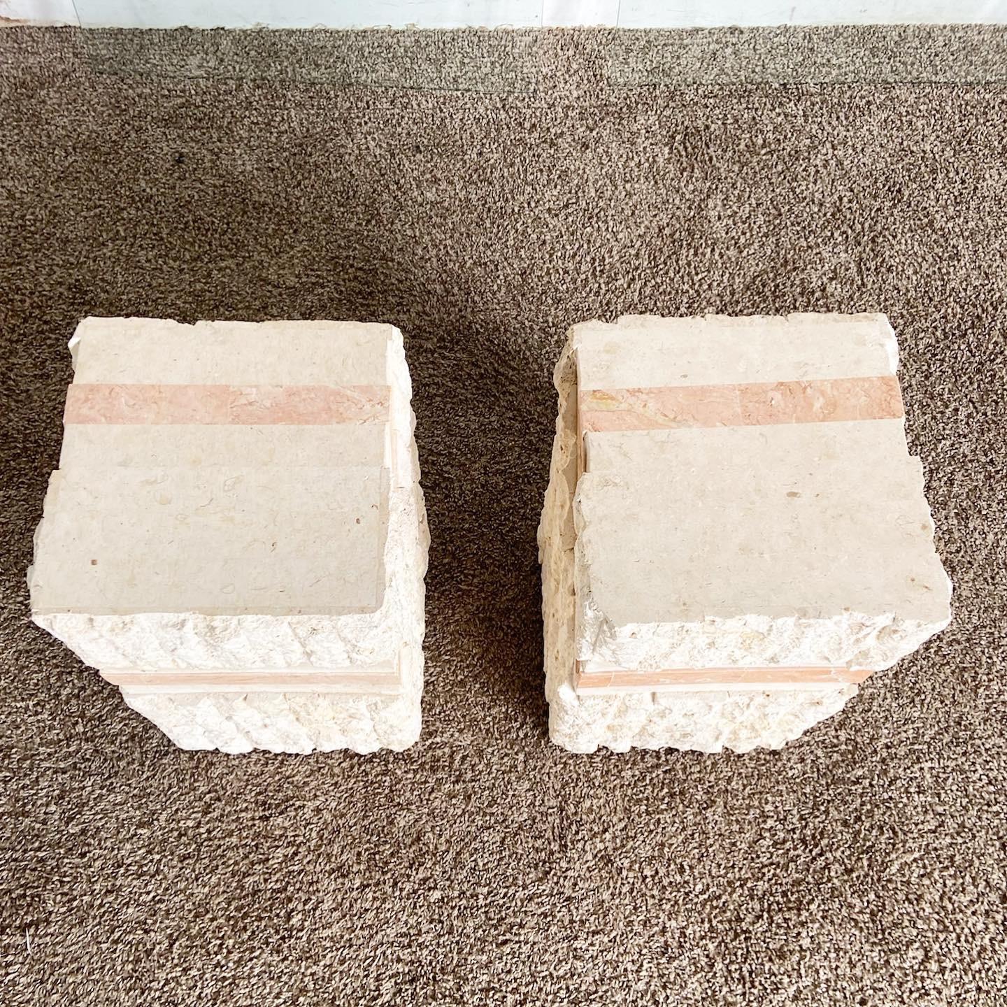 Postmodern Beige and Pink Tessellated Stone Side Tables With Glass Tops ...
