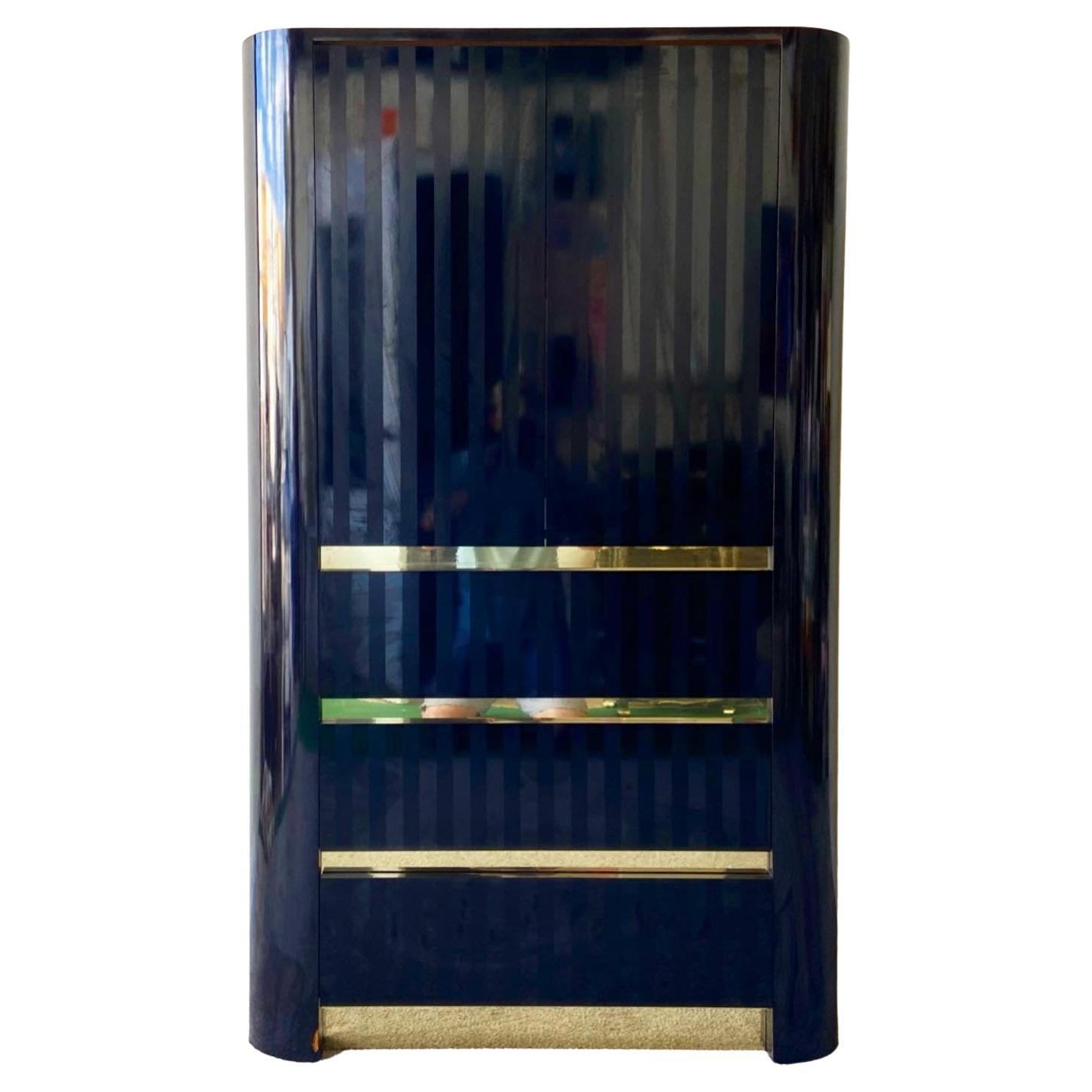 Postmodern Black Gloss and Matte Striped Laminate Armoire with Gold ...