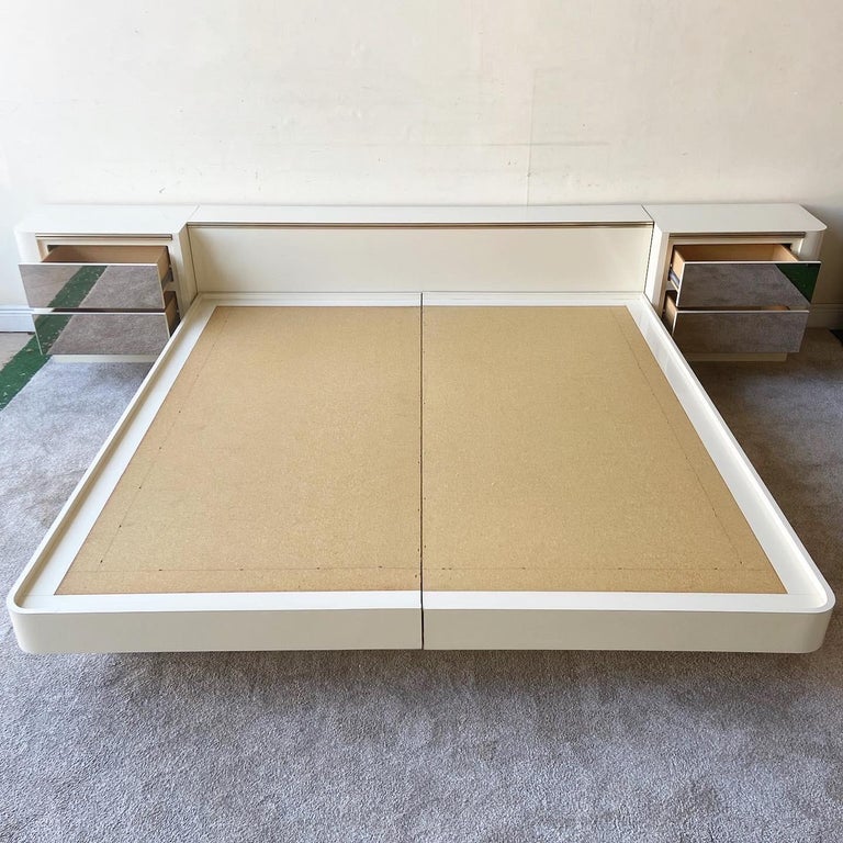 Postmodern Cream Lacquer Laminate King Platform Bed with Mirrored ...