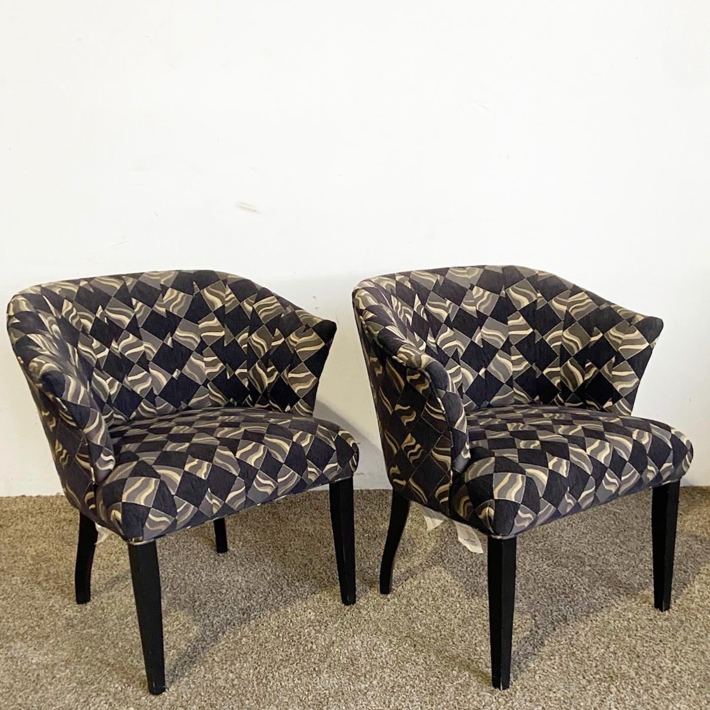 Postmodern Deco Black and Tan Flared Arm Chairs For Sale at 1stDibs