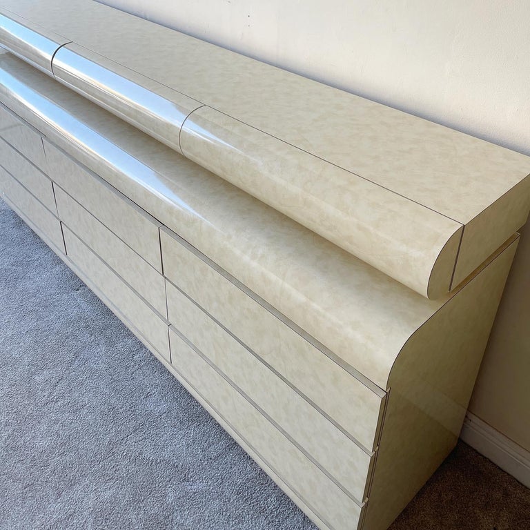 Postmodern Faux Goatskin Laminate Bullnose Dresser with Gold Panelling ...