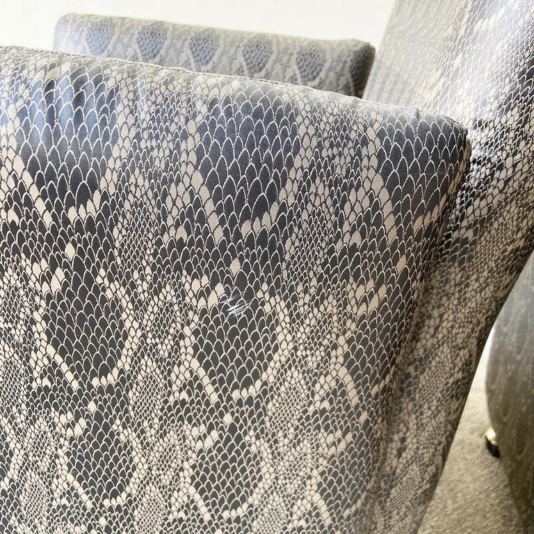 Postmodern Faux Snake Skin Upholstered Chiclet Arm Chairs on Wheels, a ...