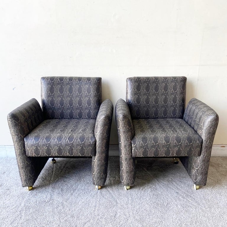 Postmodern Faux Snake Skin Upholstered Chiclet Arm Chairs on Wheels, a ...