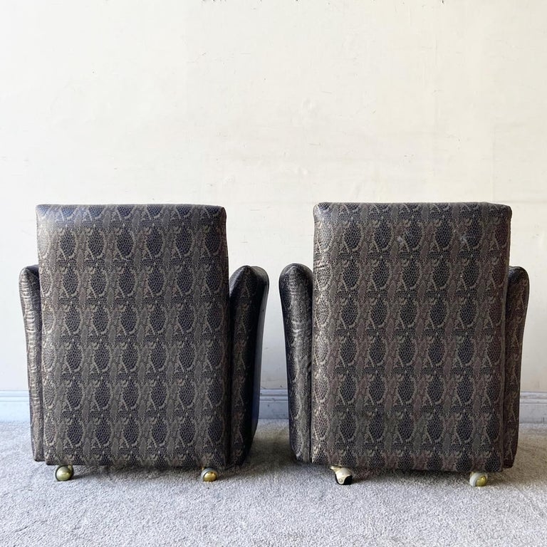 Postmodern Faux Snake Skin Upholstered Chiclet Arm Chairs on Wheels, a ...