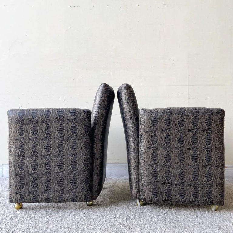 Postmodern Faux Snake Skin Upholstered Chiclet Arm Chairs on Wheels, a ...
