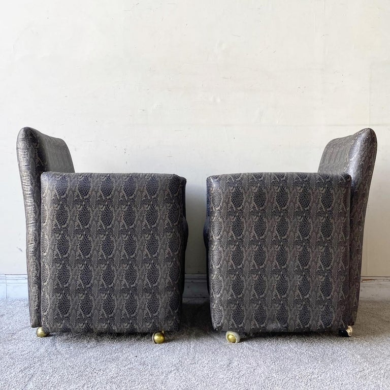 Postmodern Faux Snake Skin Upholstered Chiclet Arm Chairs on Wheels, a ...