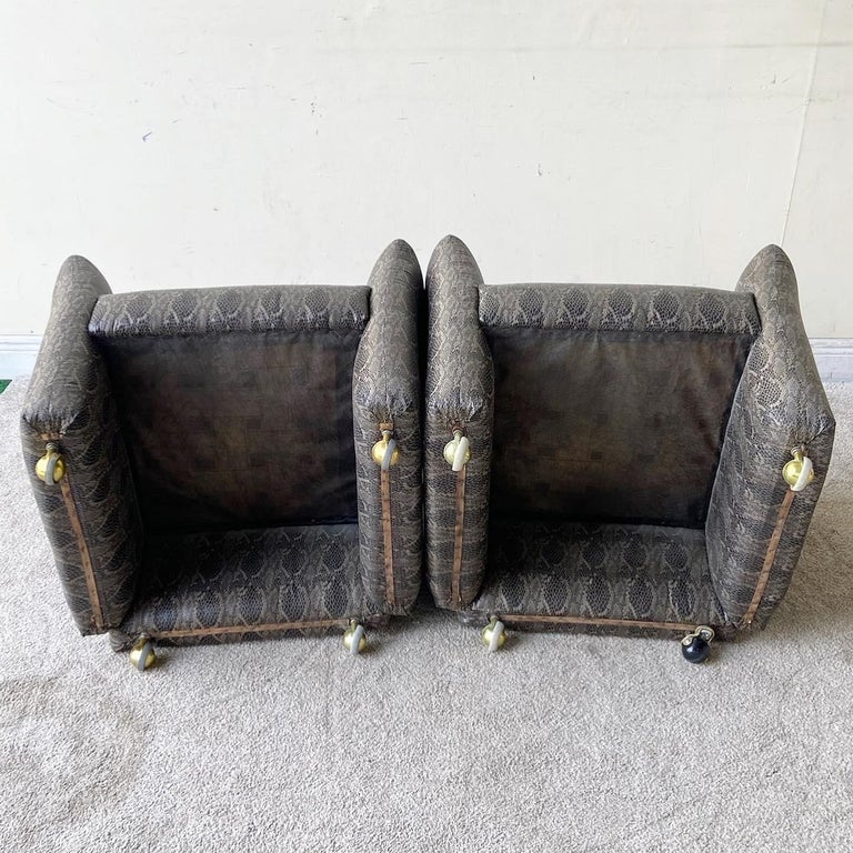 Postmodern Faux Snake Skin Upholstered Chiclet Arm Chairs on Wheels, a ...