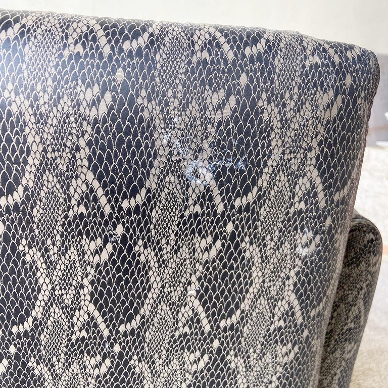 Postmodern Faux Snake Skin Upholstered Chiclet Arm Chairs on Wheels, a ...