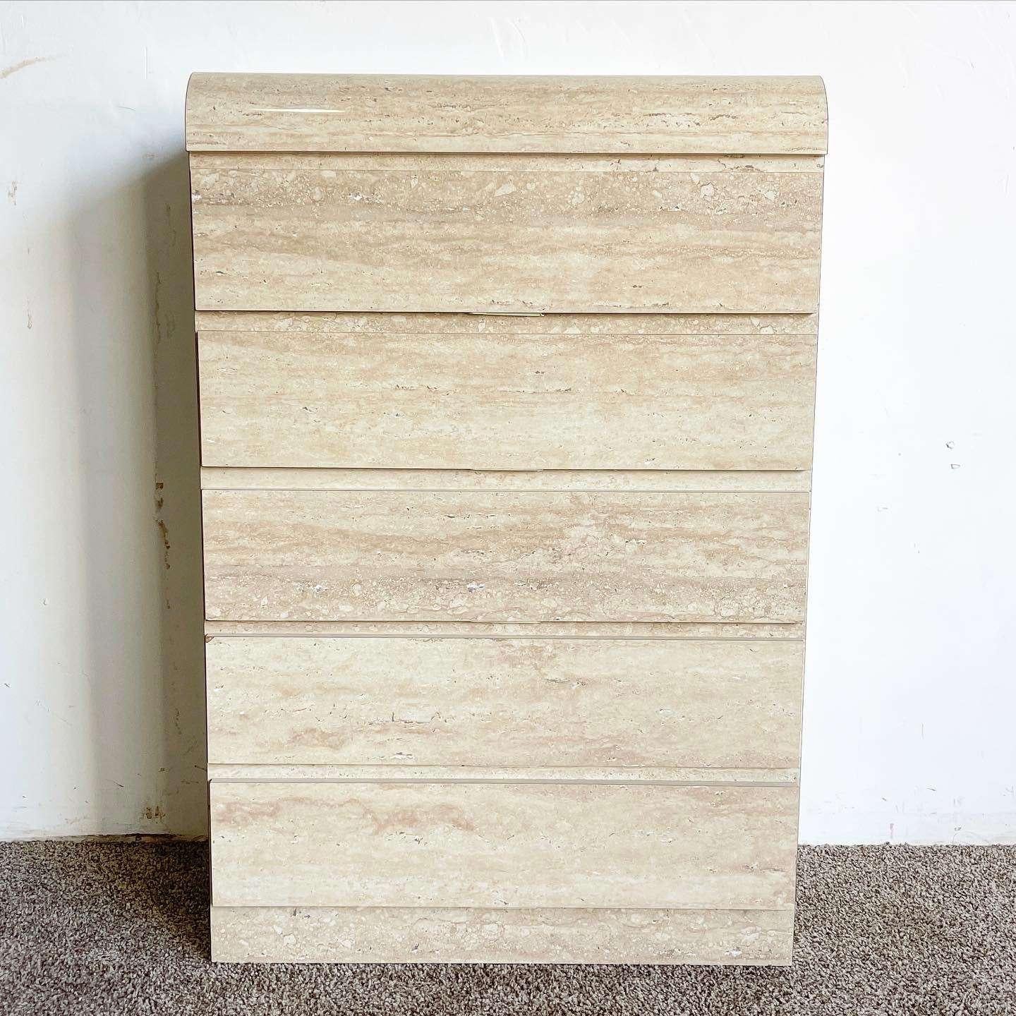 Postmodern Faux Travertine Laminate Waterfall Highboy Dresser - 5 ...