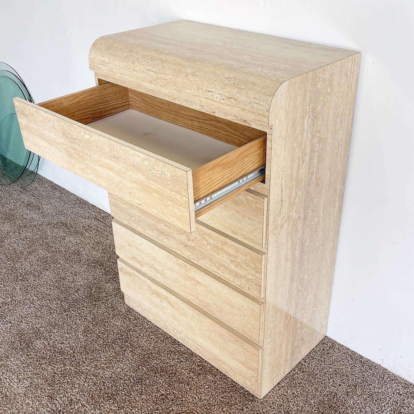 Postmodern Faux Travertine Laminate Waterfall Highboy Dresser - 5 ...