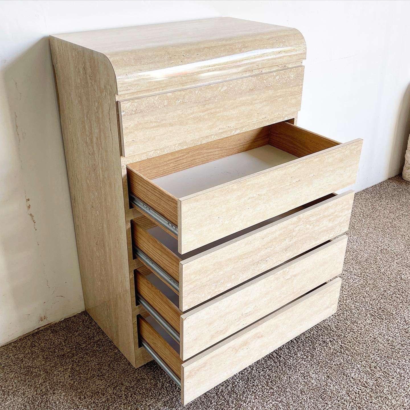 Postmodern Faux Travertine Laminate Waterfall Highboy Dresser - 5 ...