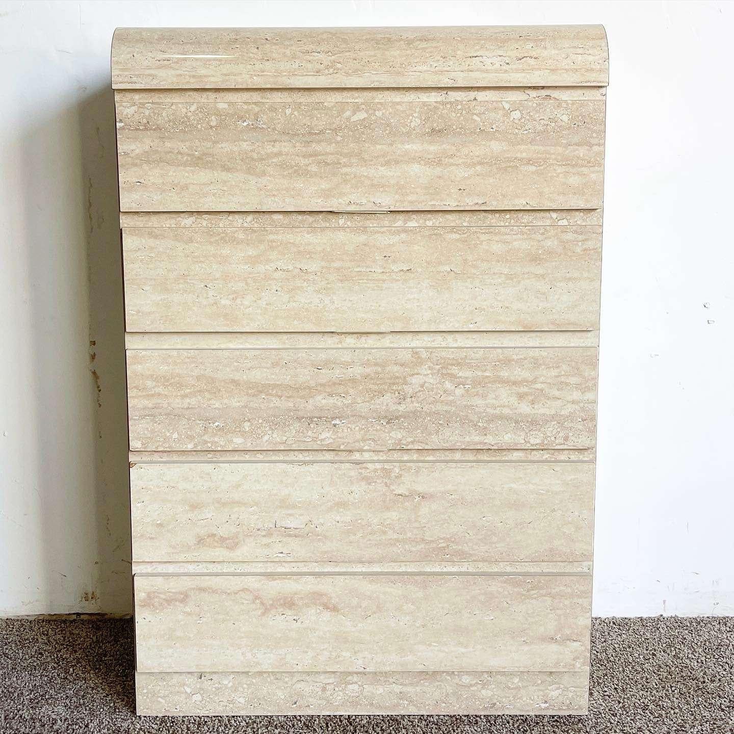 Postmodern Faux Travertine Laminate Waterfall Highboy Dresser - 5 ...