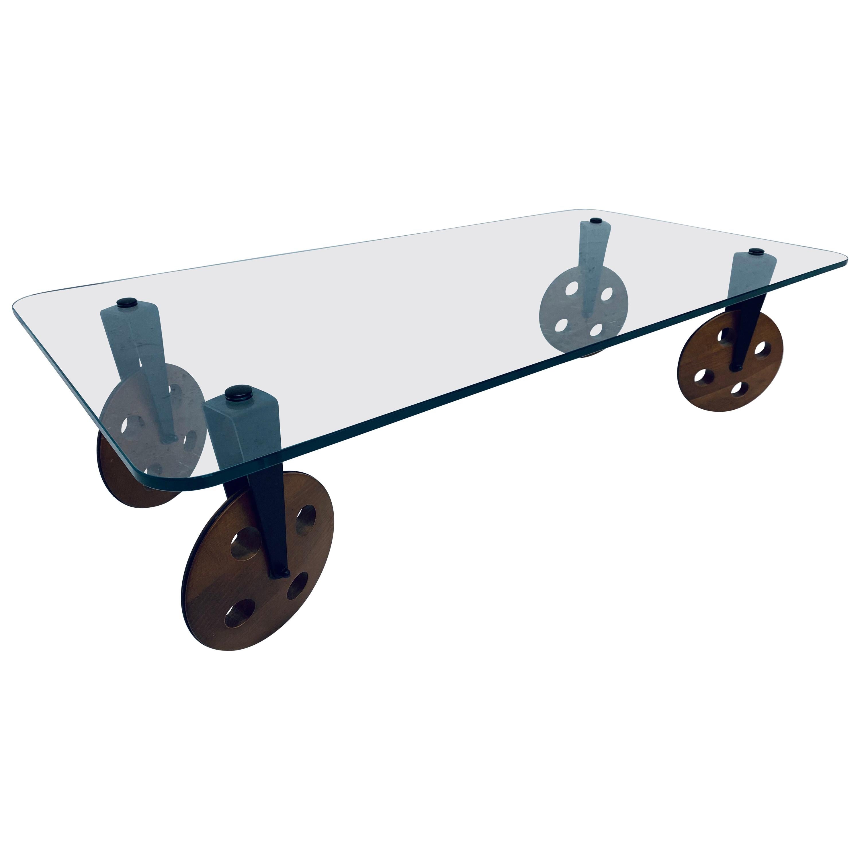 Postmodern Glass Coffee Table on Wheels After Gae Aulenti, 1980s at 1stDibs