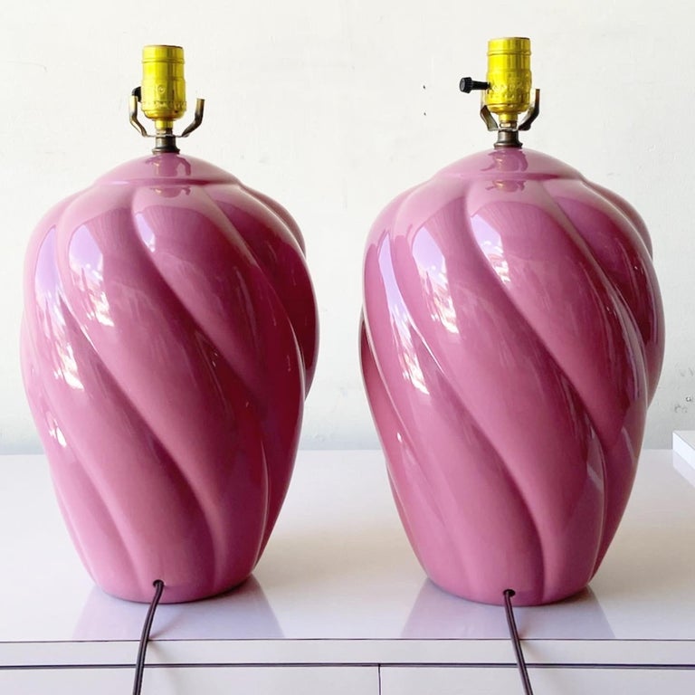 Postmodern Glossy Pink Swirl Ceramic Table Lamps, a Pair For Sale at ...