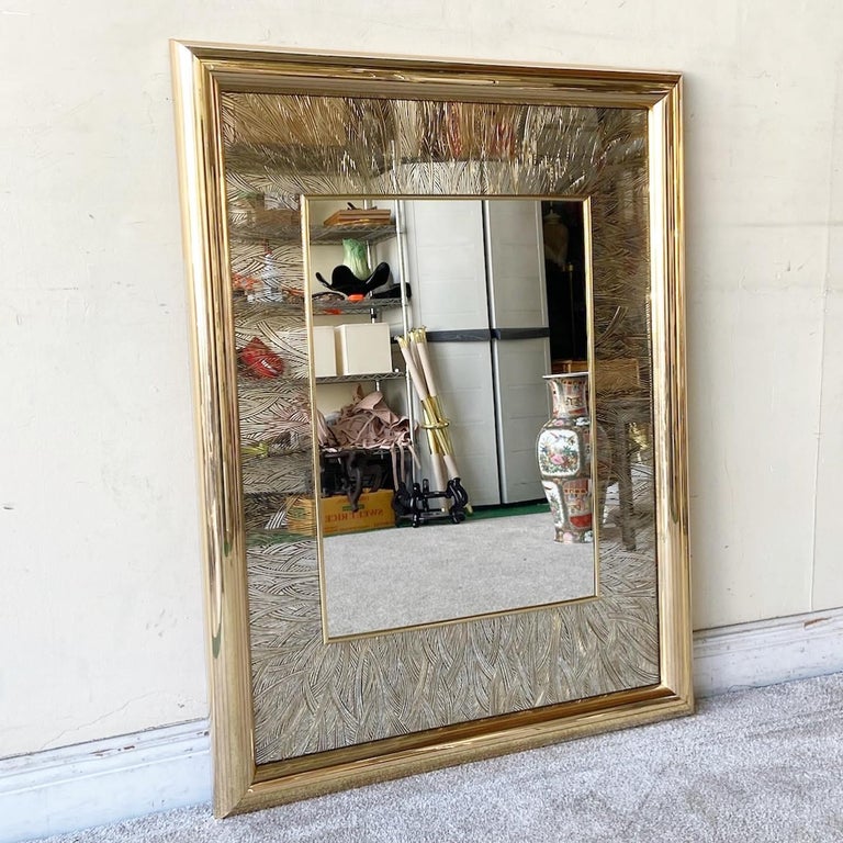 Postmodern Gold and Etched Framed Mirror For Sale at 1stDibs