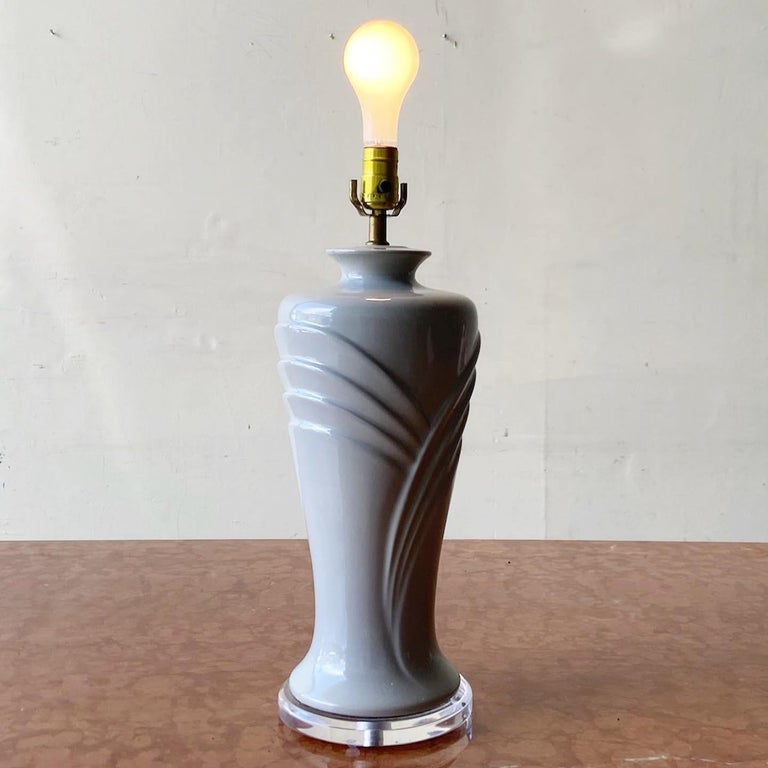 Postmodern Grey Ceramic and Lucite Table Lamp For Sale at 1stDibs