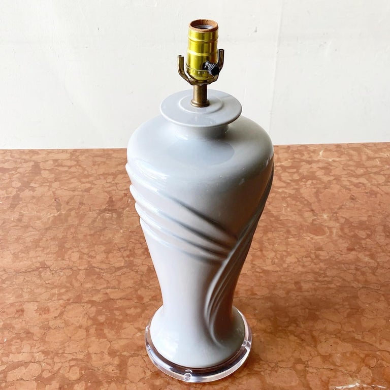 Postmodern Grey Ceramic and Lucite Table Lamp For Sale at 1stDibs