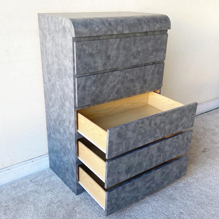 Postmodern Grey Wash Laminate Waterfall Highboy Dresser For Sale at 1stDibs