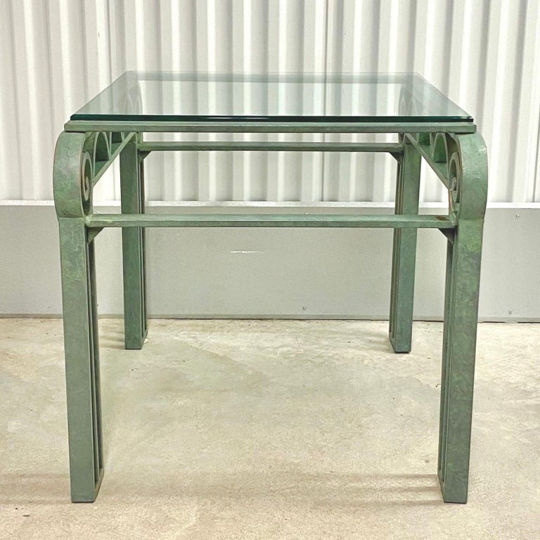 Postmodern Iron Column Side Table with Glass Top For Sale at 1stDibs