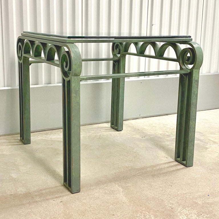 Postmodern Iron Column Side Table with Glass Top For Sale at 1stDibs