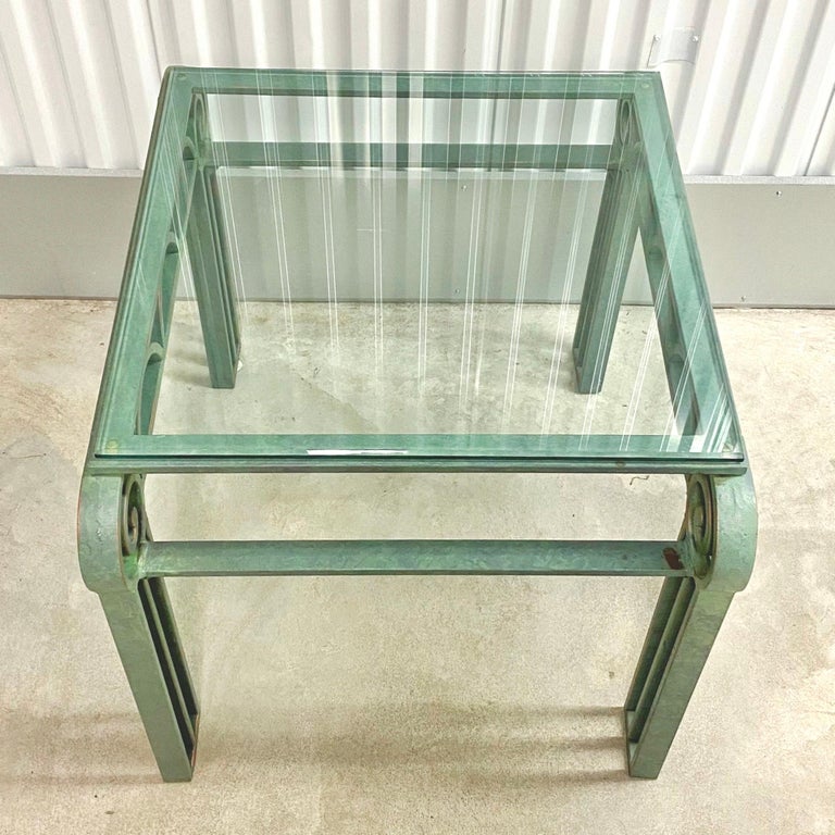 Postmodern Iron Column Side Table with Glass Top For Sale at 1stDibs
