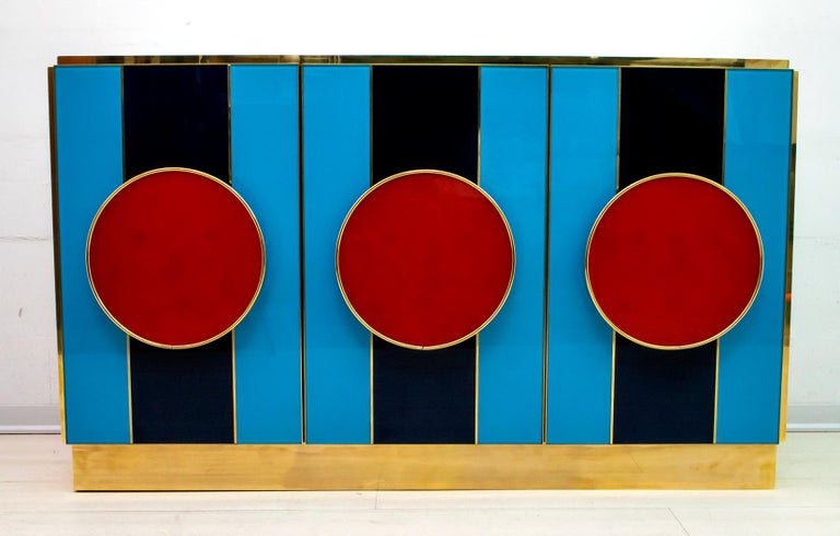 Postmodern Italian Bar Sideboard Colored Glass and Brass, 1980s at 1stDibs