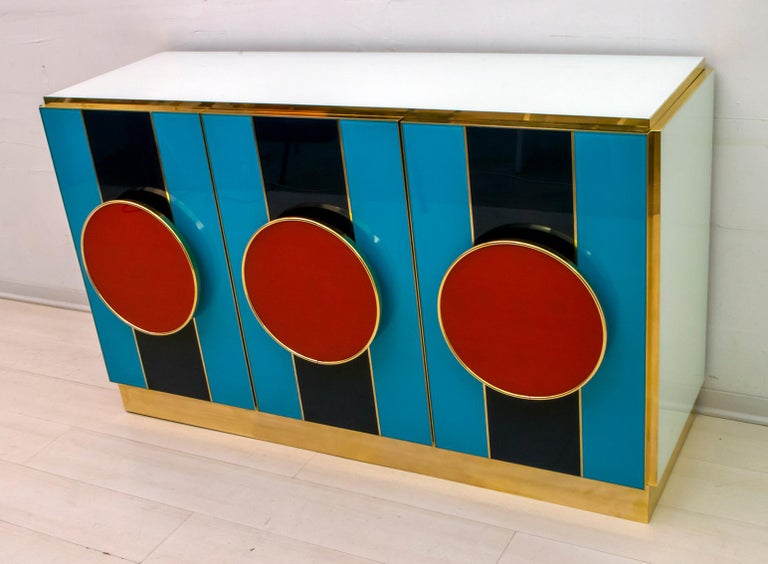 Postmodern Italian Bar Sideboard Colored Glass and Brass, 1980s at 1stDibs