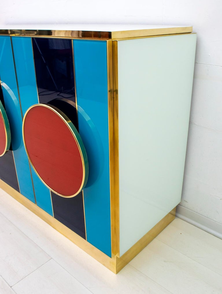 Postmodern Italian Bar Sideboard Colored Glass and Brass, 1980s at 1stDibs