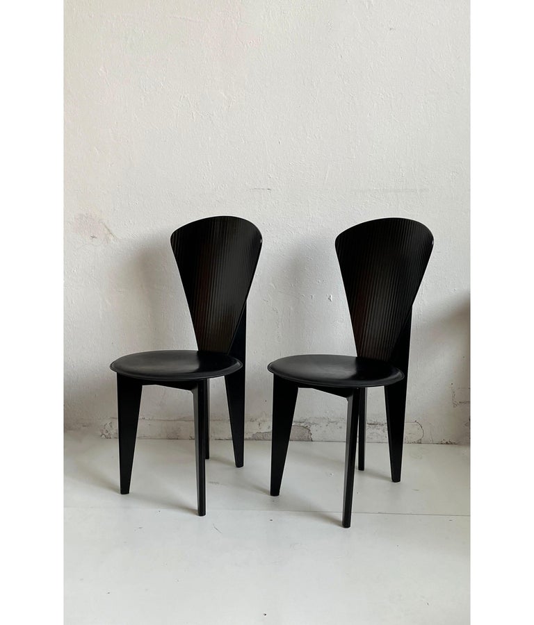 Postmodern Italian Calligaris Dining Chairs, Black Leather and Wood ...
