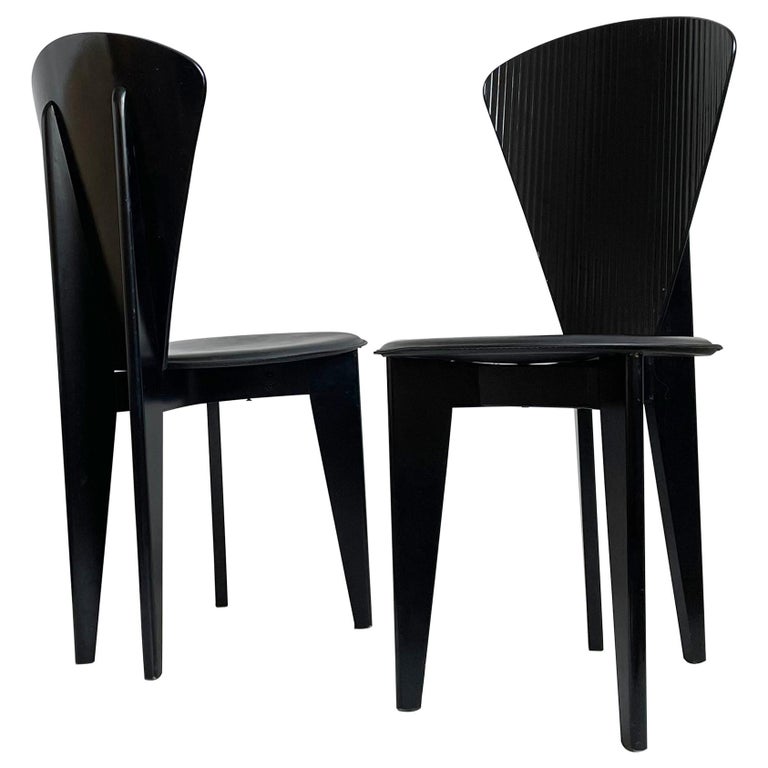 Postmodern Italian Calligaris Dining Chairs, Black Leather and Wood ...
