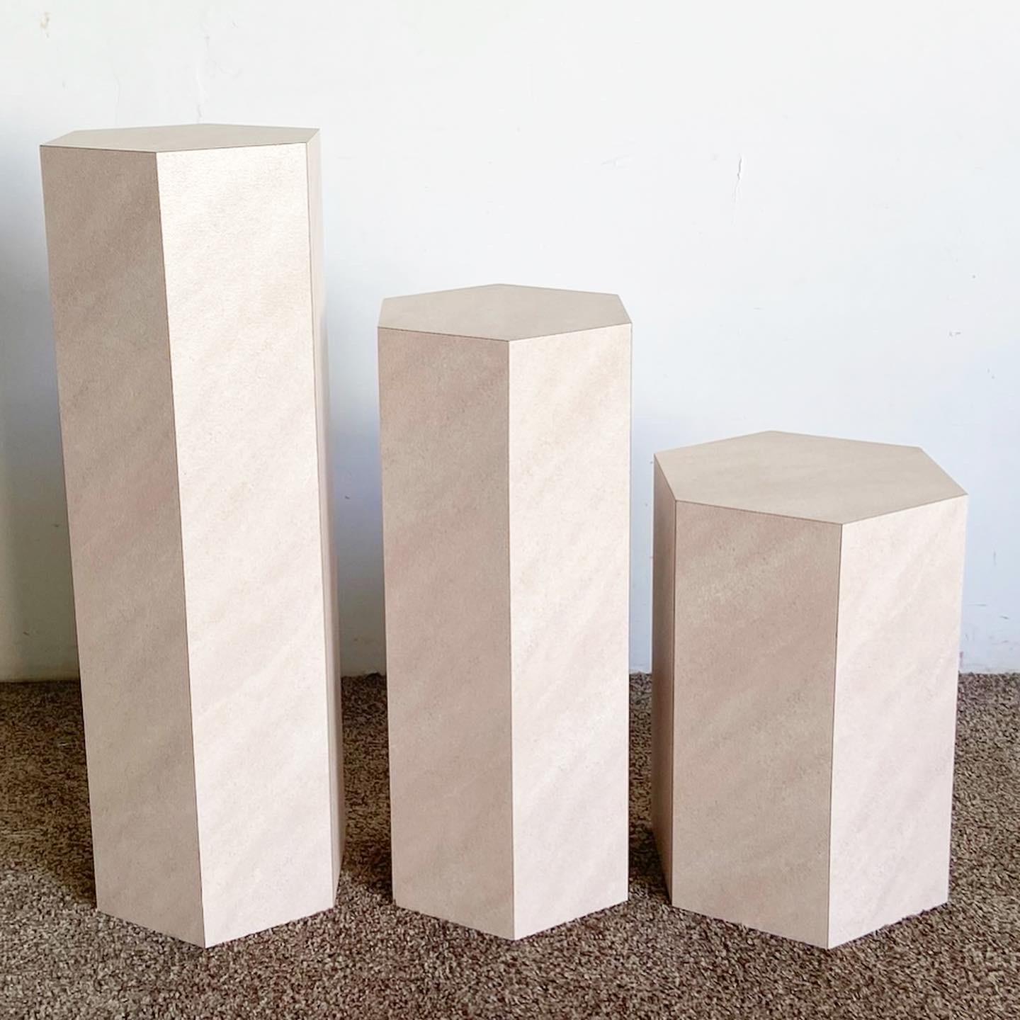 Postmodern Lavender Textured Laminate Hexagonal Nesting Side Tables/Pedestals For Sale at 1stDibs