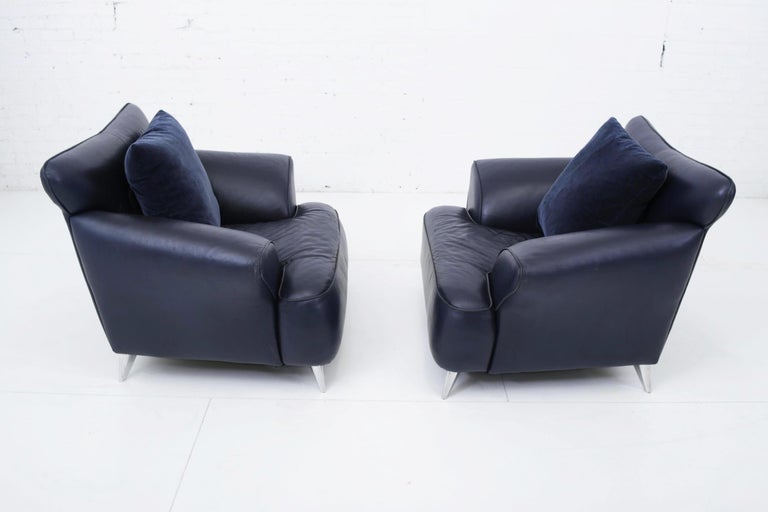 Postmodern Leather and Mohair Lounge Chairs, Polished Aluminum Legs ...