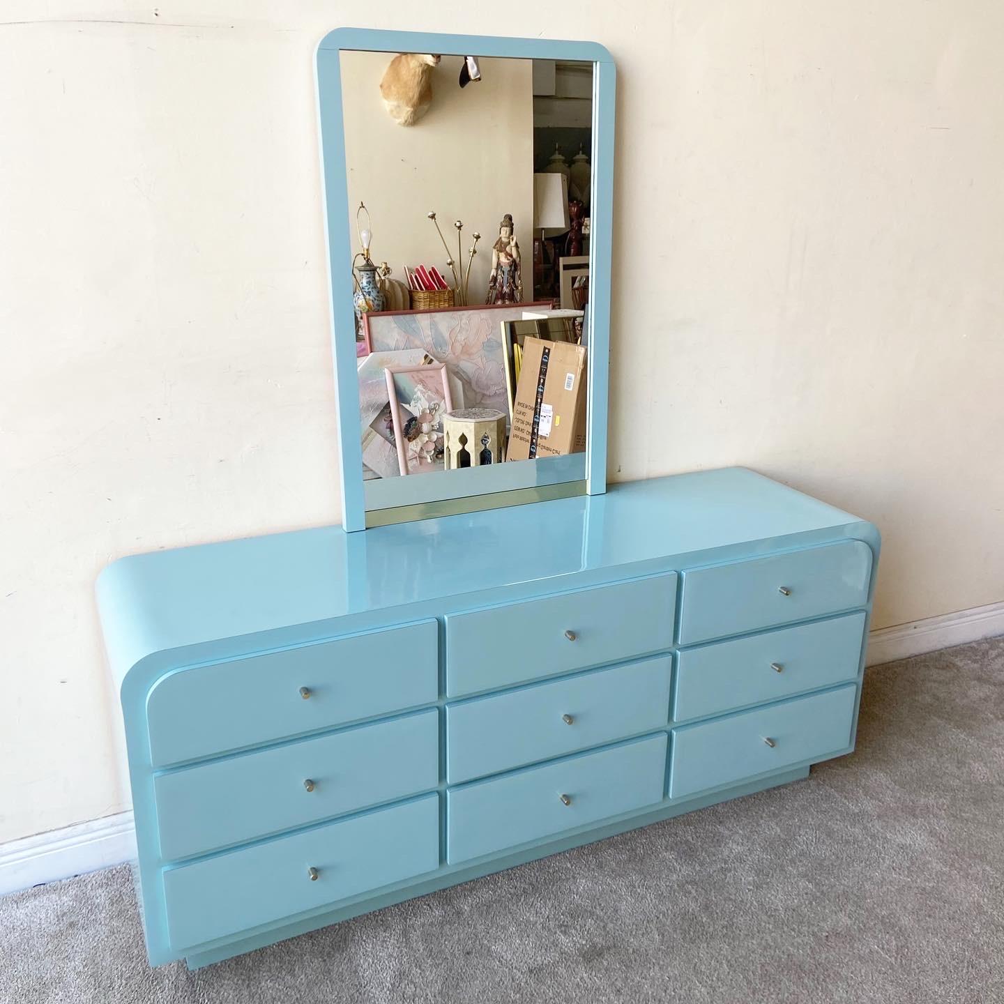 Postmodern Light Blue Lacquer Laminate Waterfall Dresser with Mirror, 2 ...