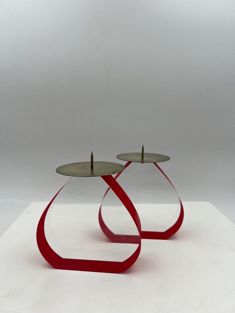 Postmodern Lucite and Brass Set of Candle Holders by Cec Lepage Signed ...