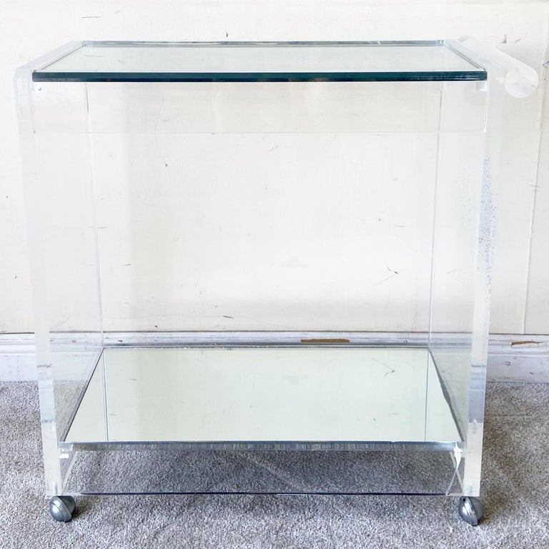 Postmodern Lucite Mirror and Glass Top Bar Cart For Sale at 1stDibs