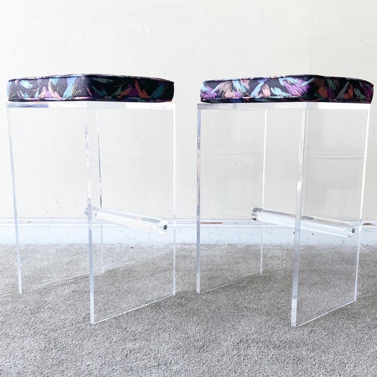Postmodern Lucite Stools With Multi Color Cushions For Sale at 1stDibs