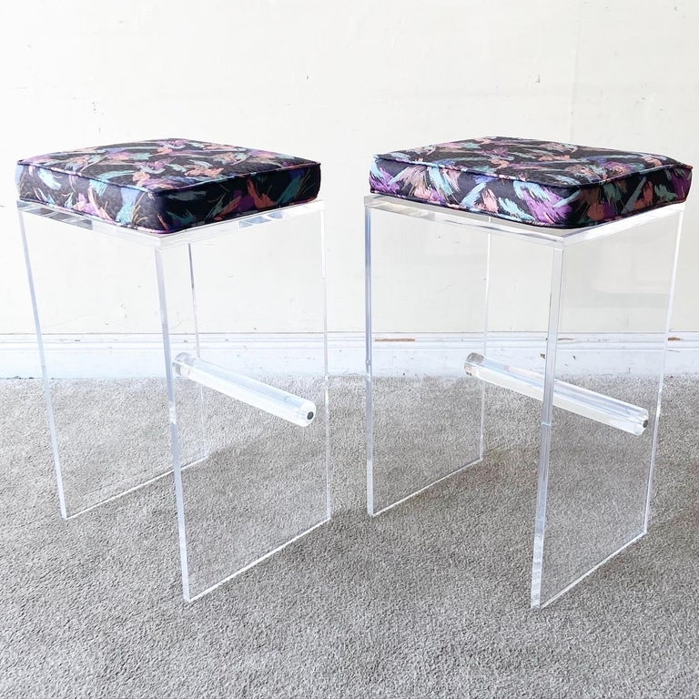 Postmodern Lucite Stools With Multi Color Cushions For Sale at 1stDibs