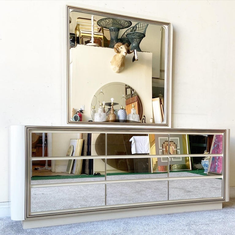 Postmodern Mirrored and Cream Lacquer Laminate Dresser with Mirror For ...