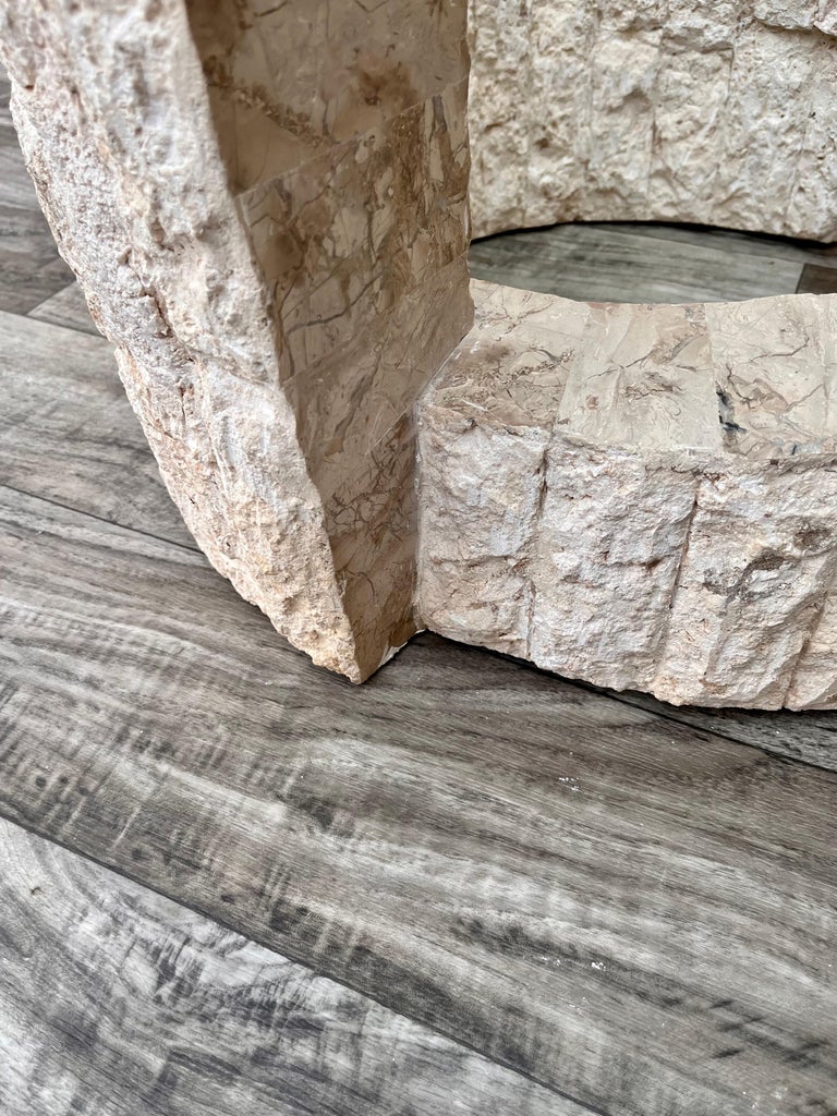 Postmodern Natural Mactan Stone Round Coffee Table with Glass Top circa ...